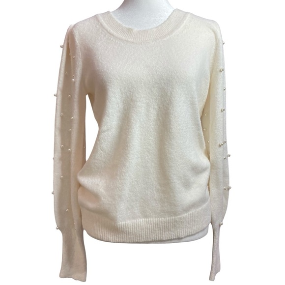 LOFT | Sweaters | Loft Offwhite Sweater With Pearl Embellished Sleeves ...